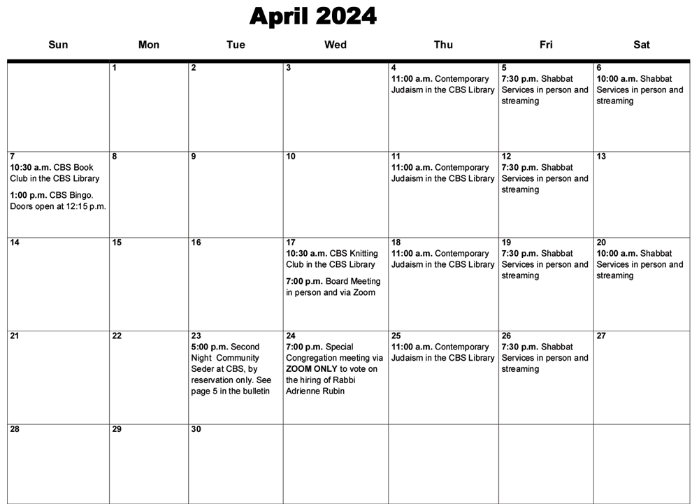 CONGREGATION BNAI SHALOM - CALENDAR